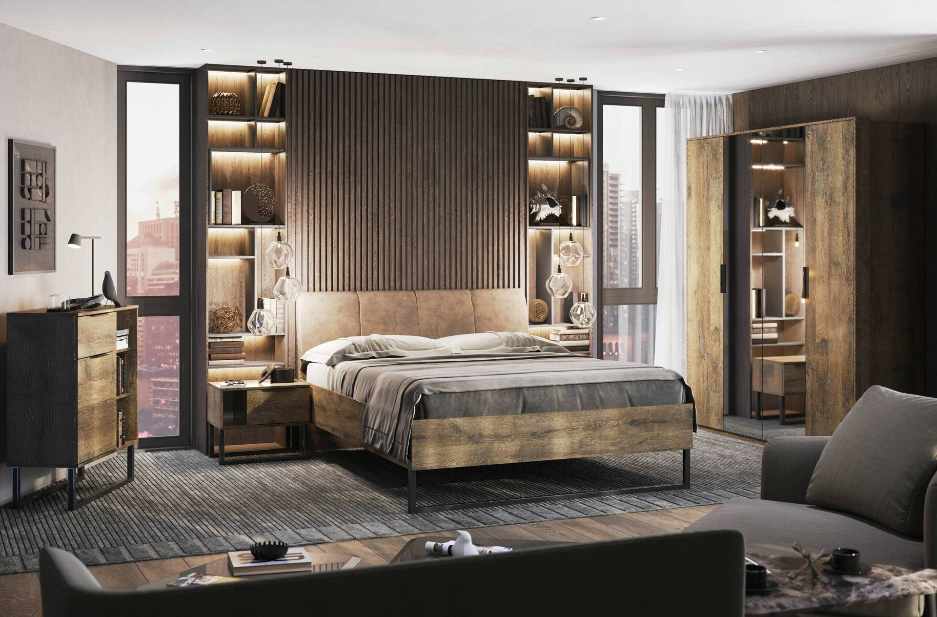 Quadro KV-38-OF - Łóżko Metalowe Loft Miękki Zagłówek Dąb Frigate ...